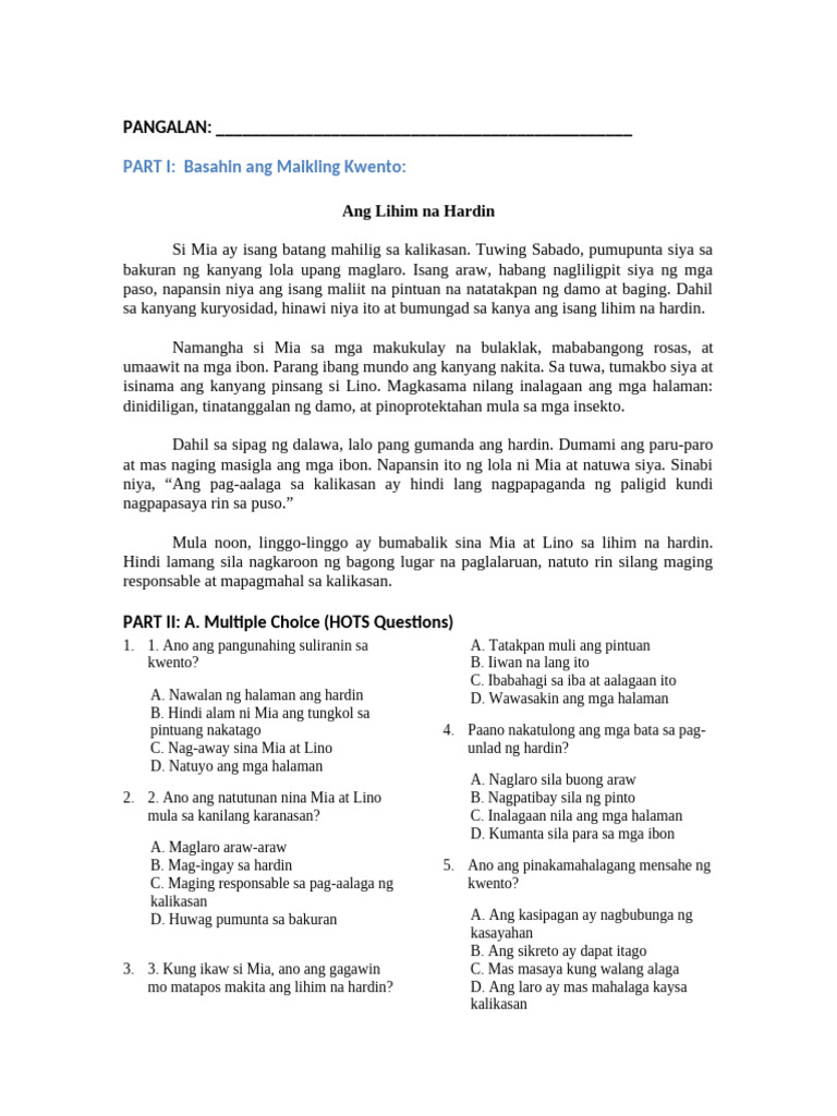 Grade3 Elemento NG Kwento Worksheet | PDF