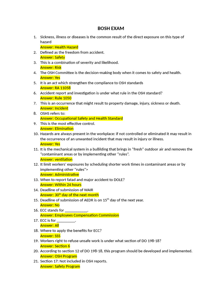 BOSH-EXAM | PDF | Occupational Safety And Health | Safety