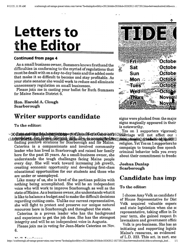 Joshua Dunlap Letter To Scarborough Leader | PDF