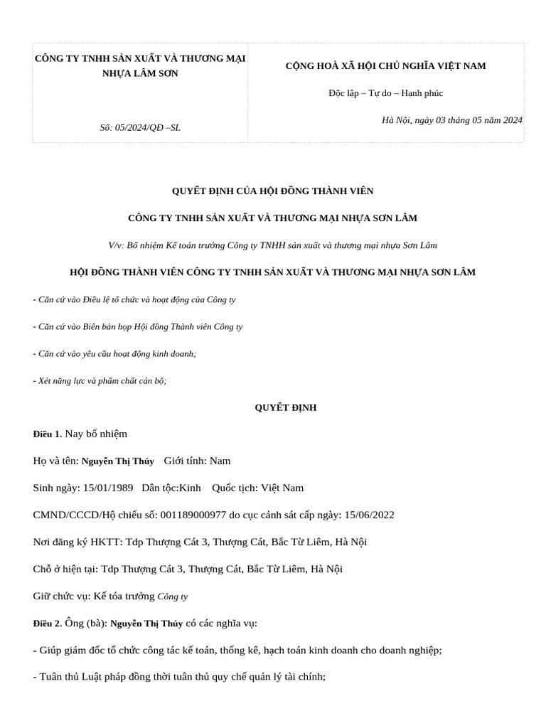 Quyet Dinh Bo Nhiem Ke Toan Truong Cong Ty TNHH | PDF