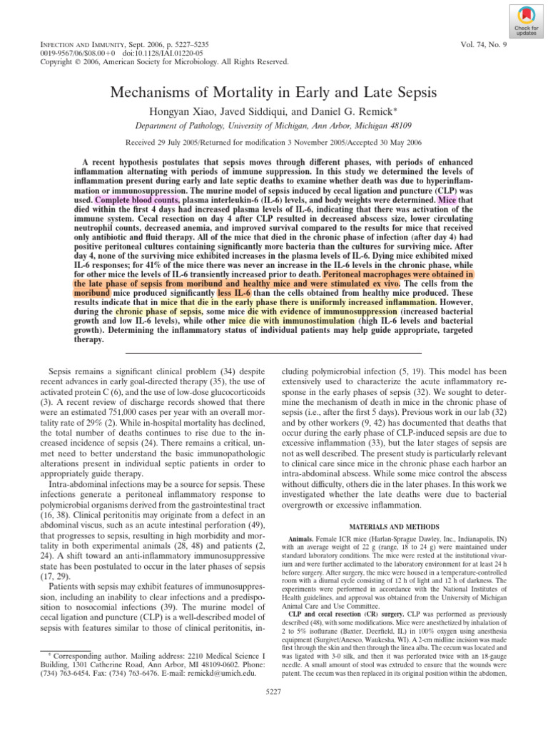 Mechanisms of Mortality in Early and Late Sepsis | PDF | Sepsis | Interleukin 6