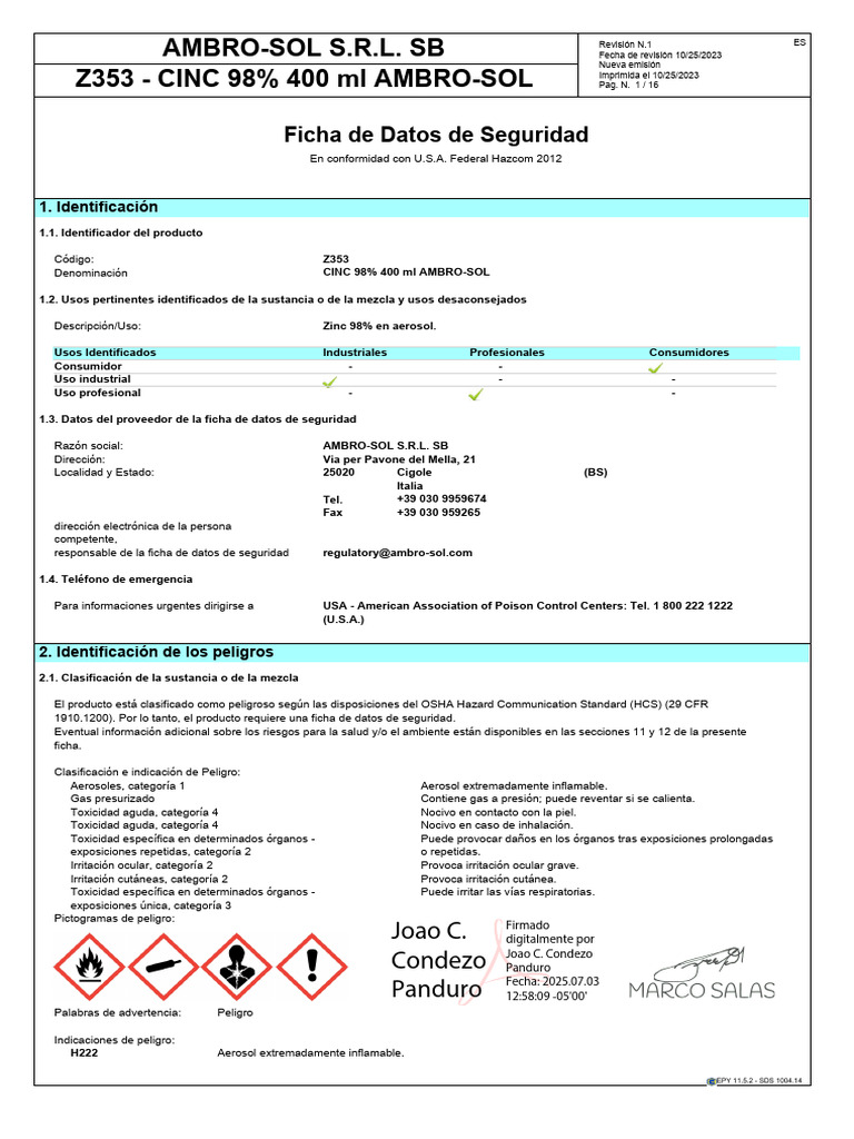 MSDS - Zinc 98 | PDF | Agua | Ácido