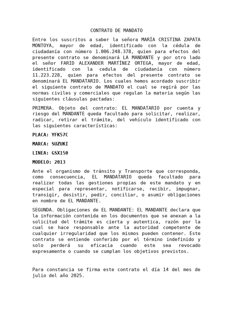 Contrato de Mandato para Trámites de Vehículo | PDF