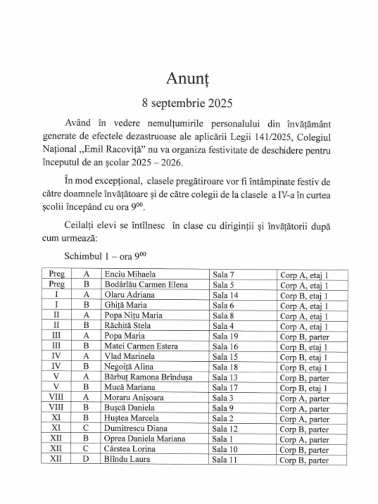 Anunt Inceput an Scolar 2025-2026 | PDF