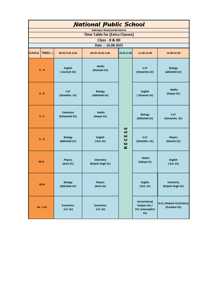 Extra Classes Timetable for X & XII | PDF