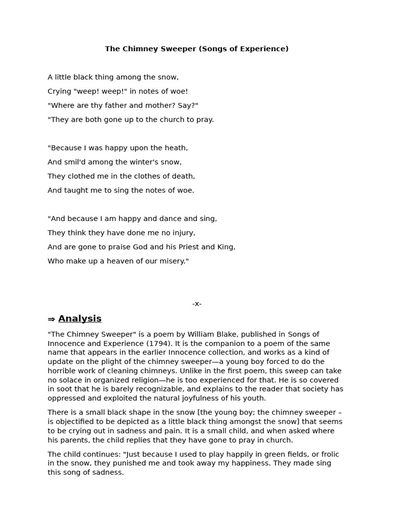 Notes _ the Chimney Sweeper _ Songs of Experience | PDF | Rhyme ...