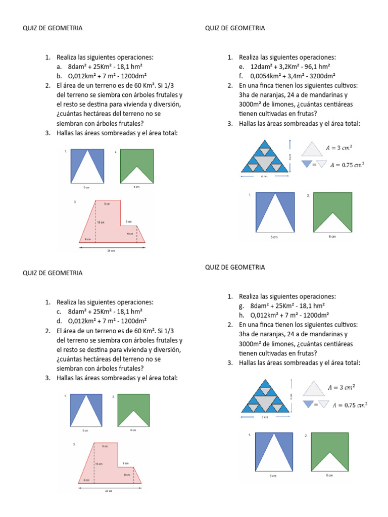 Quiz de Geometría: Operaciones y Áreas | PDF