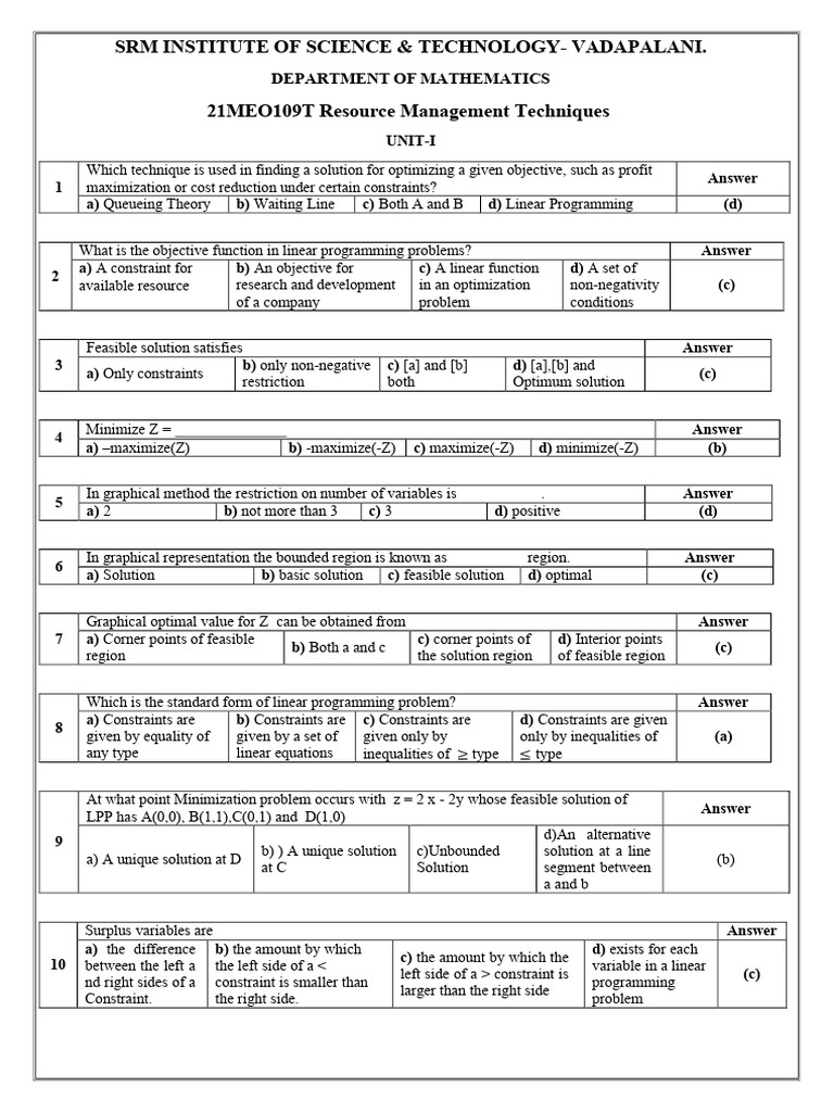 Unit-1 MCQ (2 Files Merged) | PDF | Mathematical Optimization | Linear Programming