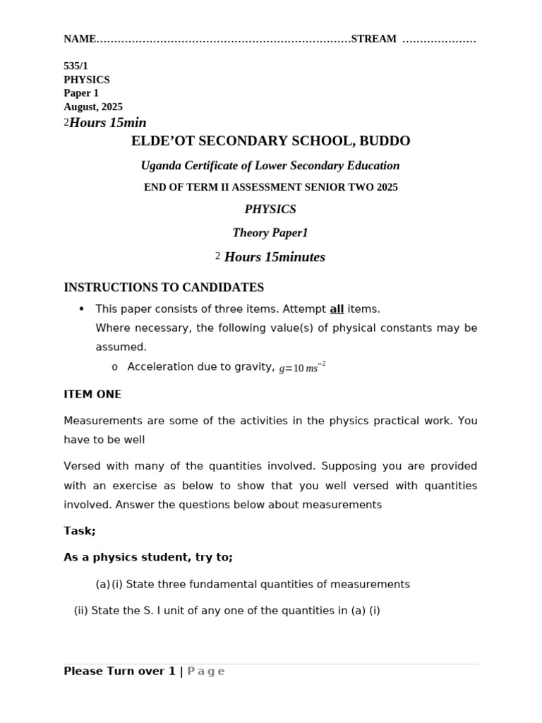 Physics Assessment Paper for Senior Two | PDF | Density | Thermometer