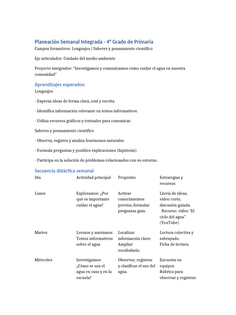 Planeación Semanal Integrada - 4° Grado de Primaria | PDF | Pensamiento ...