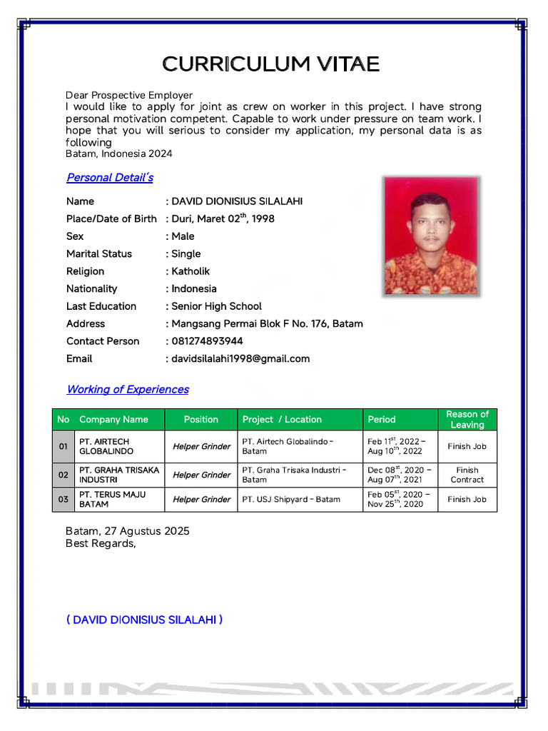 CV David Dionisius Silalahi (Helper Grinder) | PDF