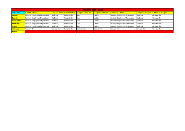 Swimming Pool Timing 27.02.2024 | PDF