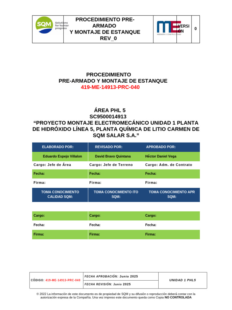 Procedimiento Uso de Pre-Armado y Montaje de Estanque Unidad1 PHL5 ...