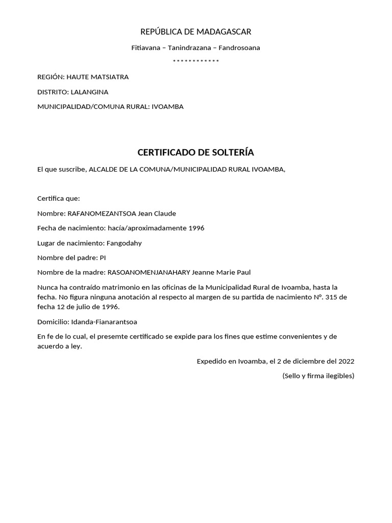 Certificado de Solteria | PDF