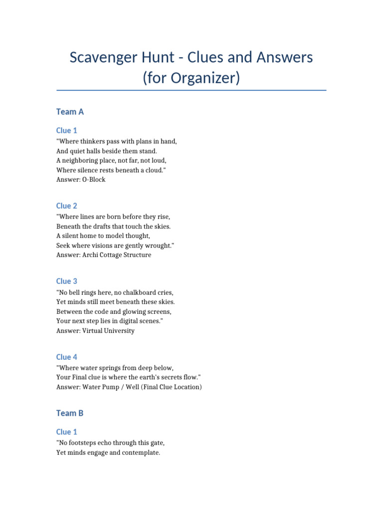 Scavenger Hunt Clues & Answers Guide | PDF