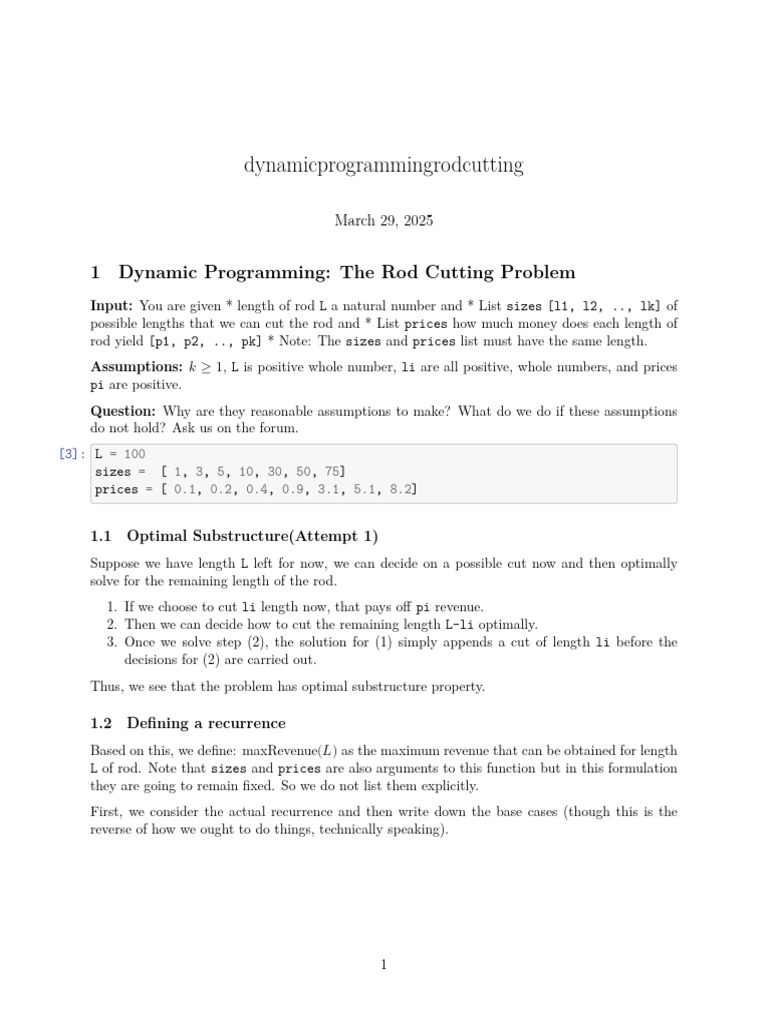 Dynamicprogrammingrodcutting: 1 Dynamic Programming: The Rod Cutting ...