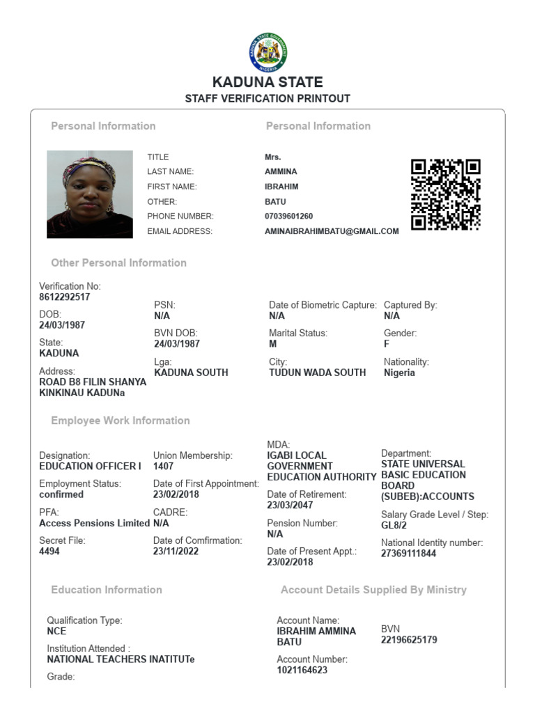 Kaduna State Staff Verification Details | PDF