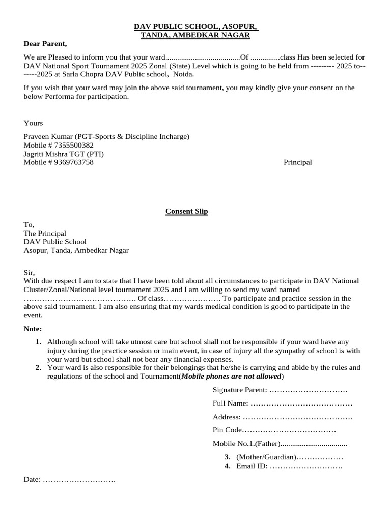 Consent Form for Sports Tournament | PDF