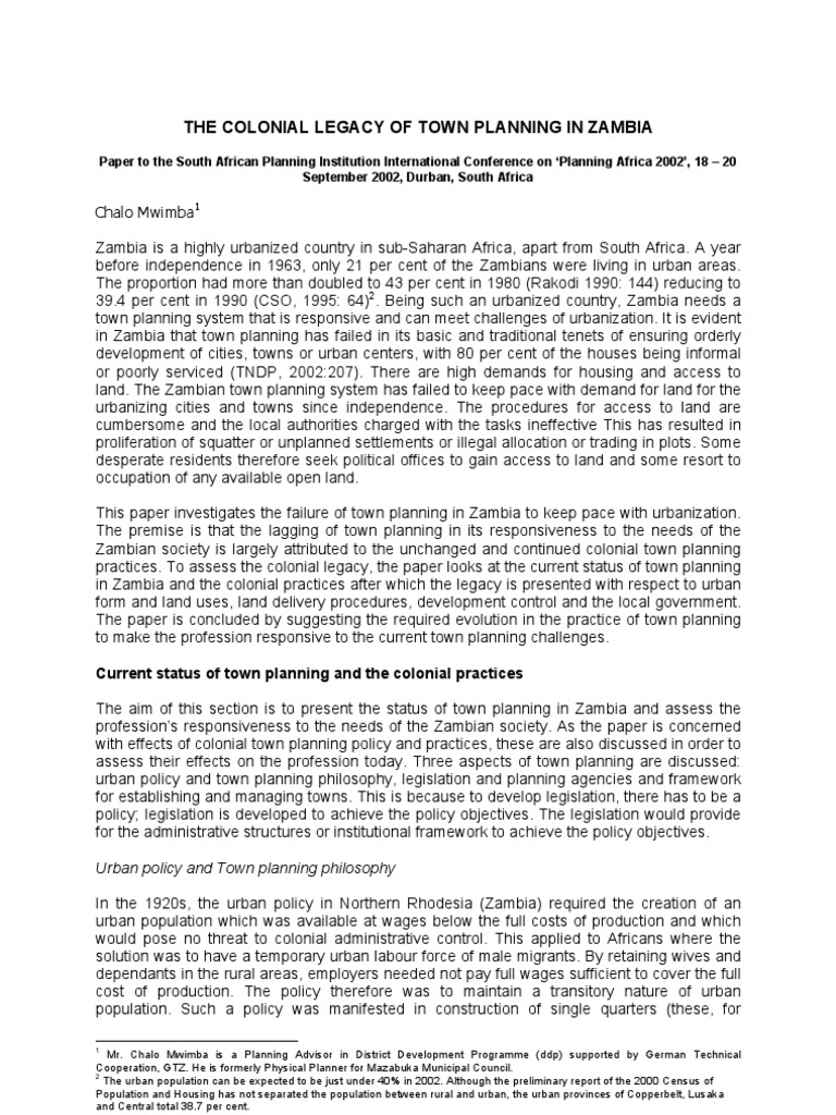The Colonial Legacy of Town Planning in Zambia | PDF | Zambia | Urban ...