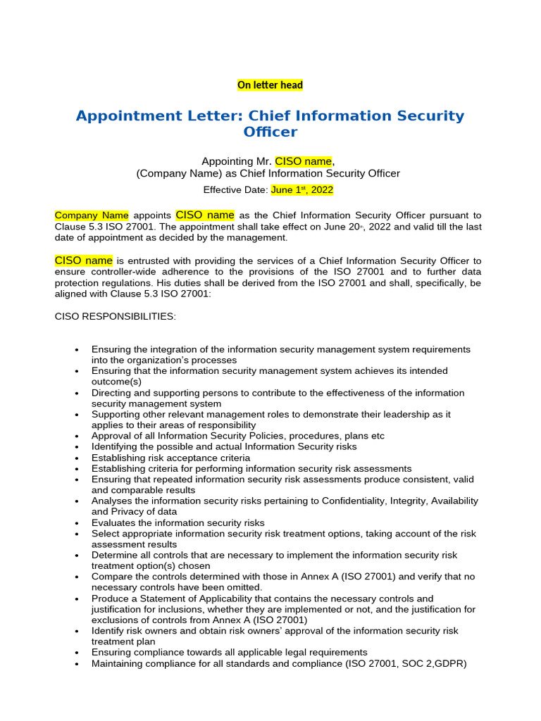 Appointment of Chief Information Security Officer | PDF | Information ...