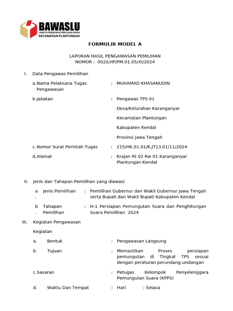 Form A Pengawasan Pilkada 2024 - (H-1 Persiapan Pemungutan & Penghitungan Suara) | PDF