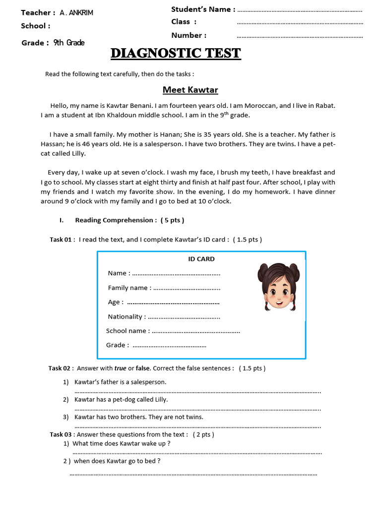 9th Grade English Diagnostic Test | PDF | Linguistics