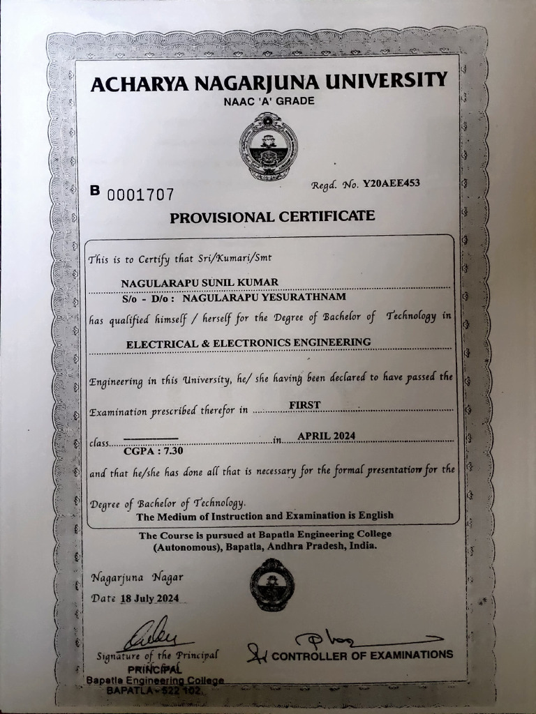 Provisional Certificate for B.Tech Degree | PDF