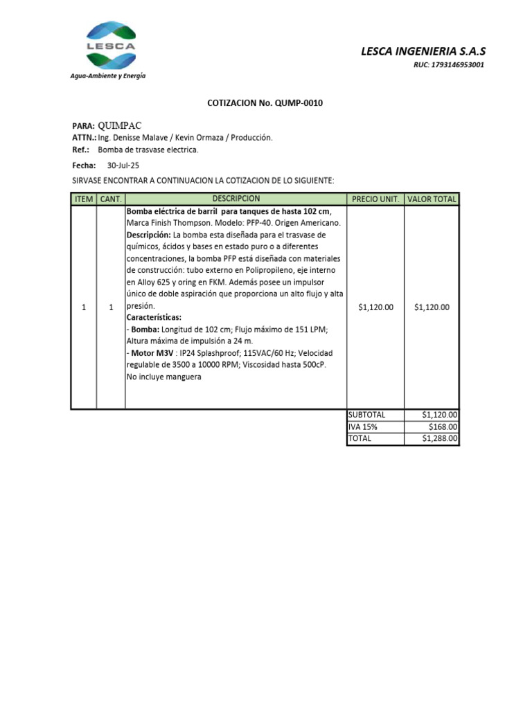 QUMP-010 Cotización Bomba de Trasvase PFP-2 - 250730 - 144535 | PDF ...