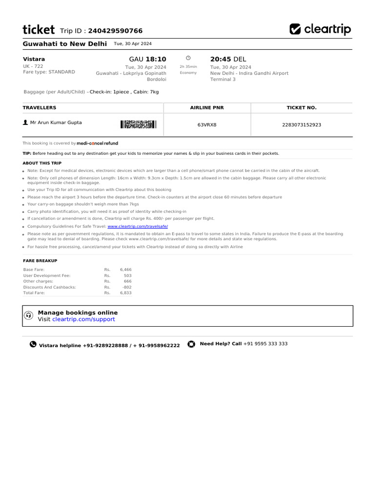 Cleartrip Flight E-Ticket | PDF | Aviation | Transport