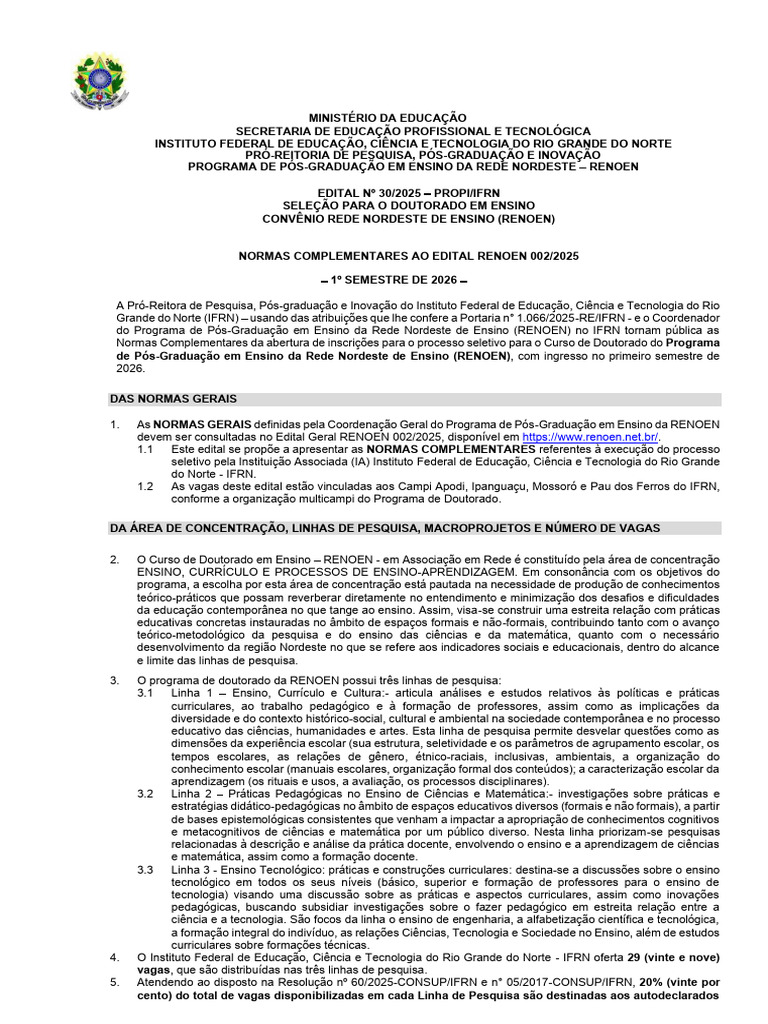 Edital 30 2025 PROPI - IFRN - Doutorado em Ensino - Convenio RENOEN | PDF | Pedagogia | Science