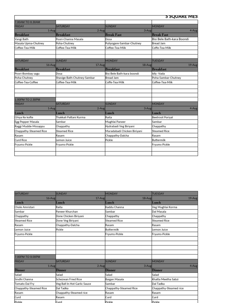 August 2025 Mess Hall Menu | PDF | Lunch | Pickling