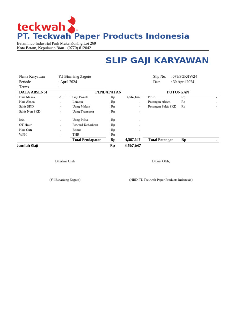 Slip Gaji Karyawan PT Teckwah April 2024 | PDF