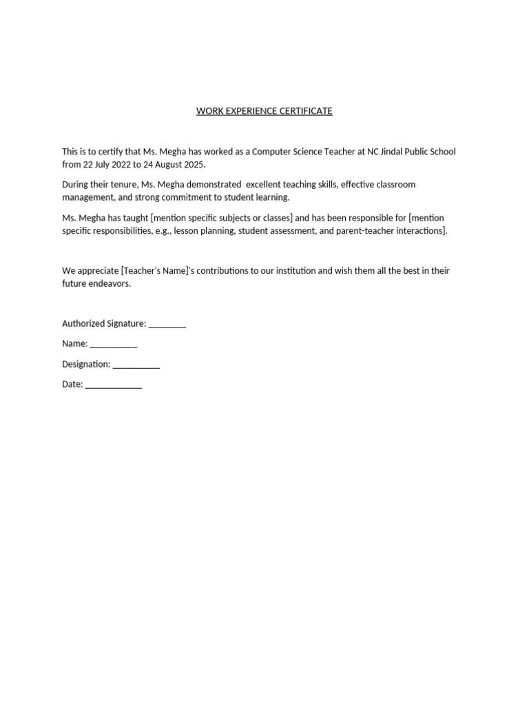 Megha Work Experience Certificate | PDF