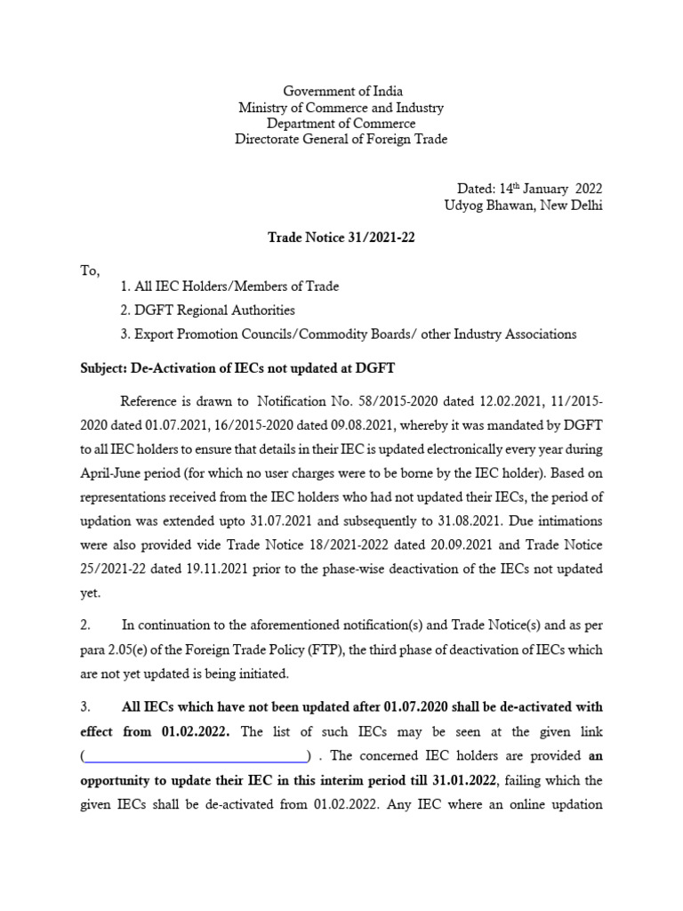 Trade Notice 31 - De-Activation of IECs - 3rd Phase | PDF