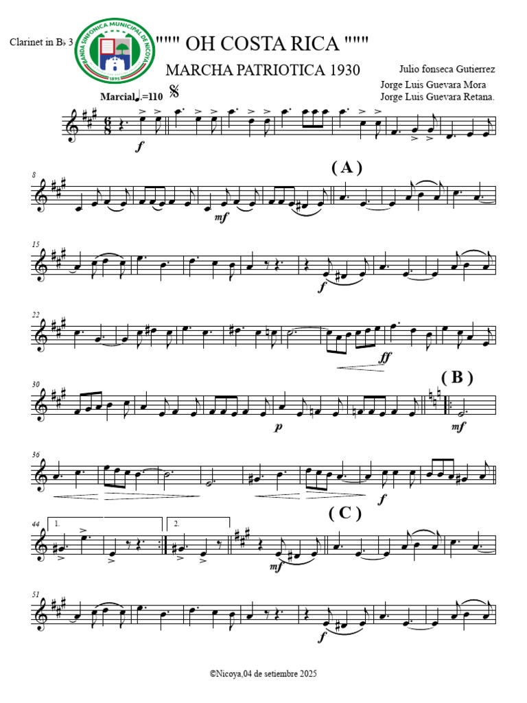 Oh Costa Rica Marcha Patriotica 2025 - Clarinet in BB 3 | PDF