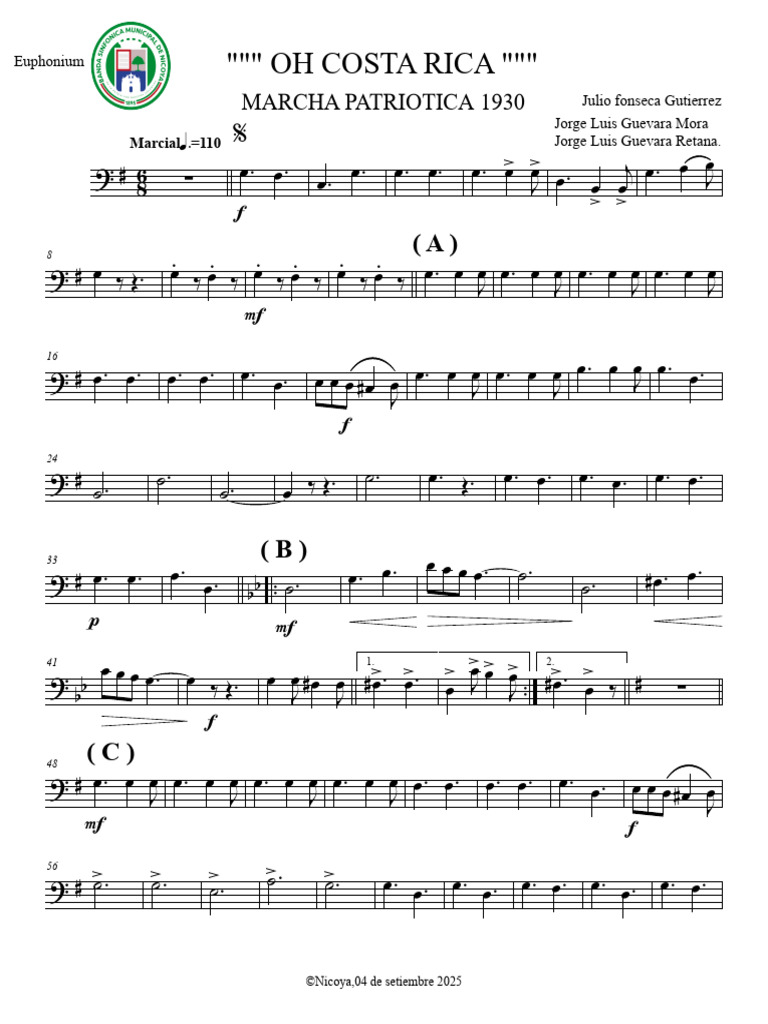 Oh Costa Rica Marcha Patriotica 2025 - Euphonium | PDF