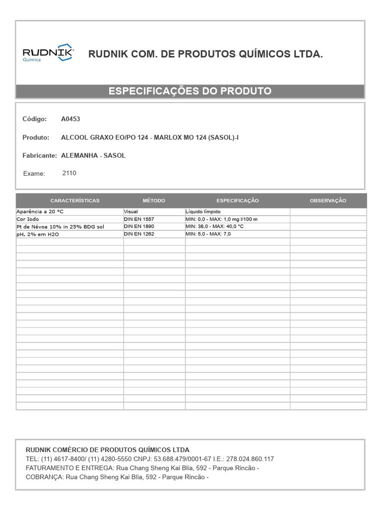 Alcool Graxo Eo Po 124 - Marlox Mo 124 (Sasol) - Especificação | PDF