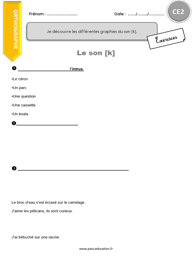 Exercices sur le son [k] en CE2 | PDF