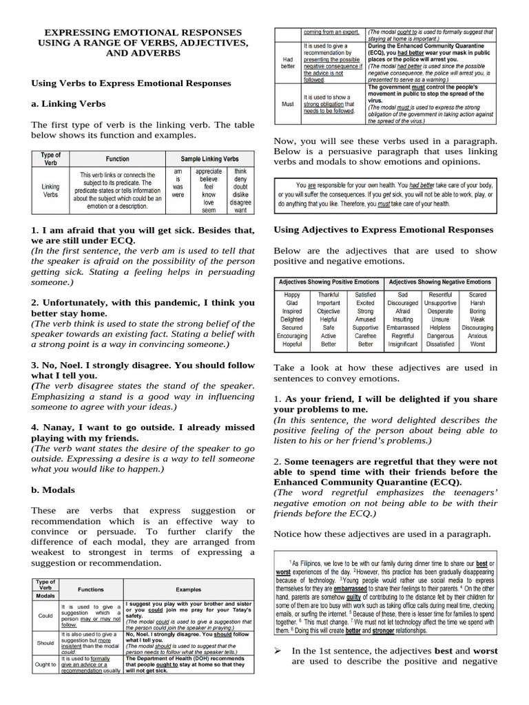Expressing Emotions with Verbs and Adjectives | PDF | Verb | Adverb