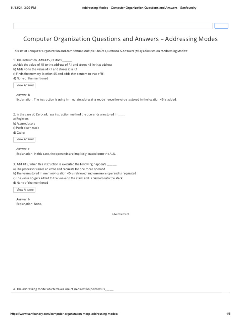 Addressing Modes Computer Organization Questions and Answers Sanfoundry3 | PDF | Digital ...