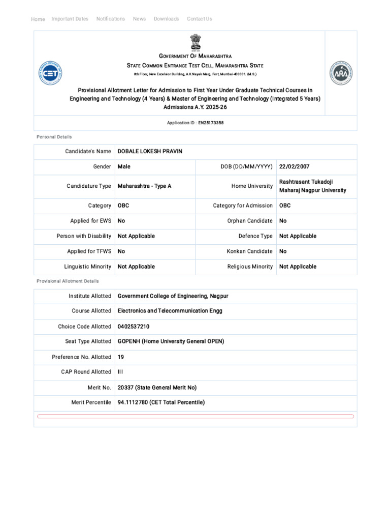Cet Allotment Letter | PDF