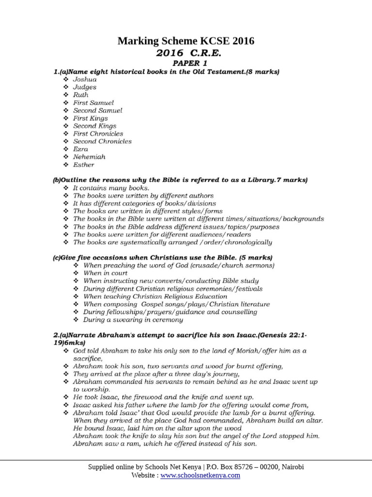 Kcse 2016 Marking Scheme Cre Papers | PDF