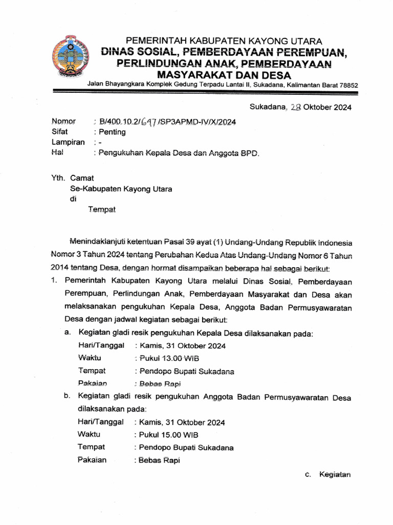 Undangan Pengukuhan Kades Dan BPD Tahun 2024 | PDF