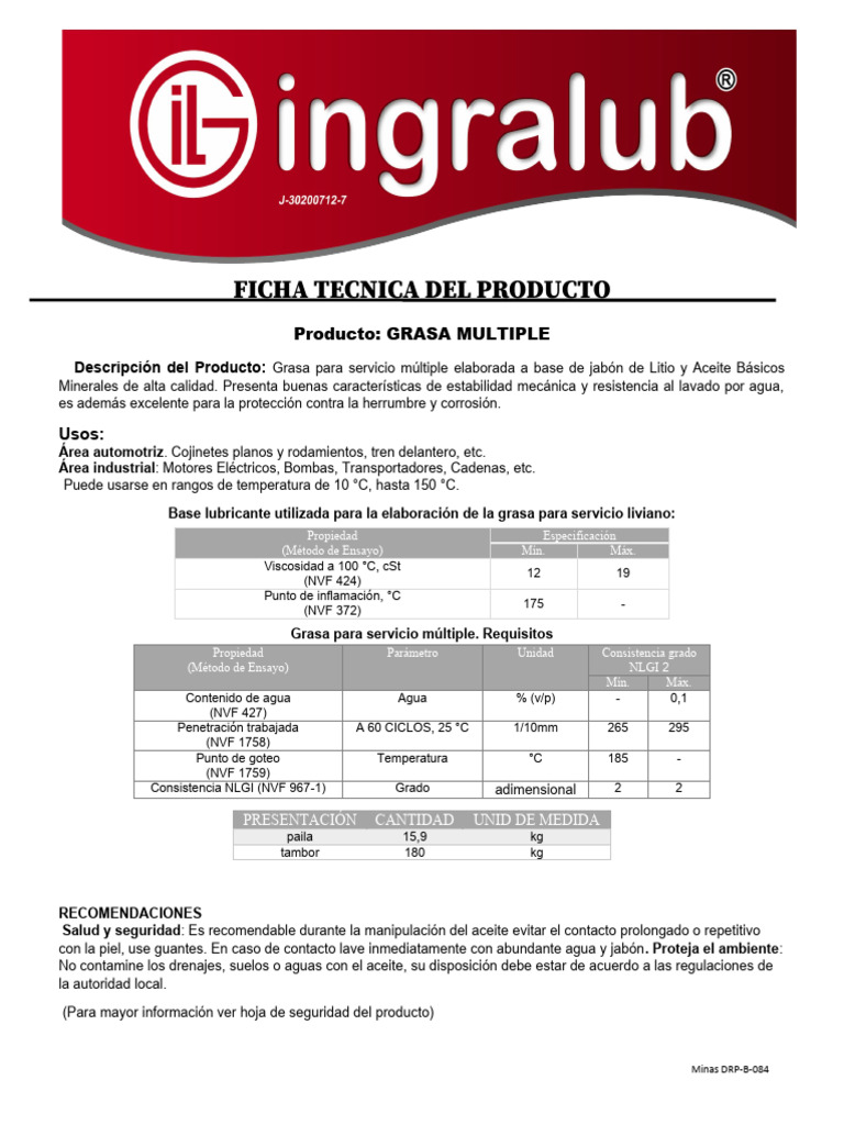 Ficha Tecnica Grasa Multiple 1 | PDF | Materiales