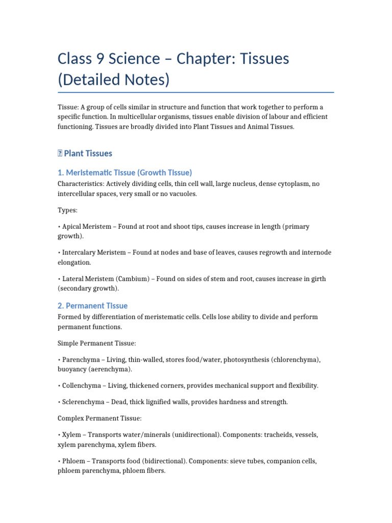 Class 9 Tissues Detailed Notes | PDF | Tissue (Biology) | Botany