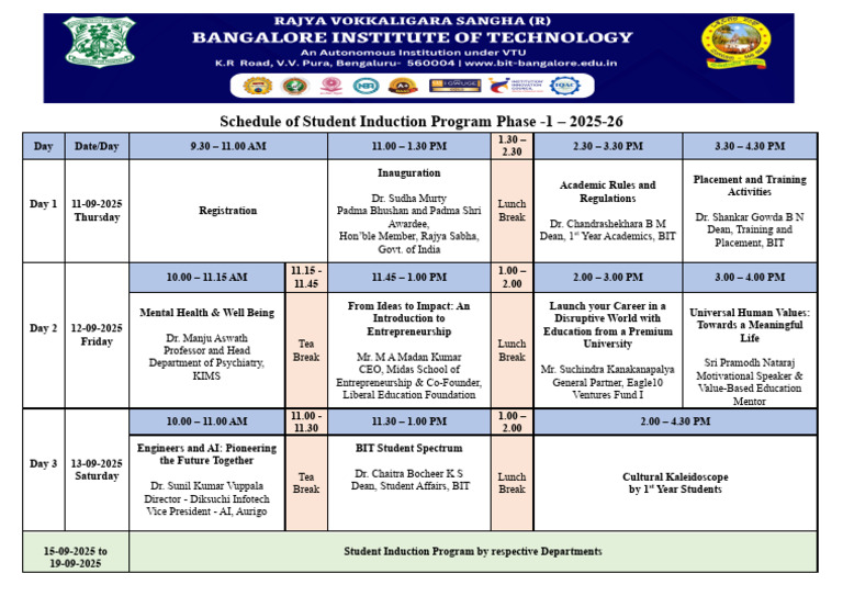 Student Induction Program Schedule - 2025-26 | PDF