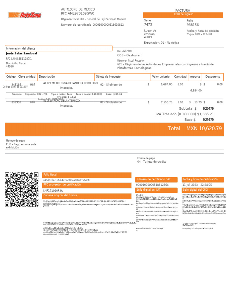 Prueba Factura Autozone | PDF | Pagos | Economias