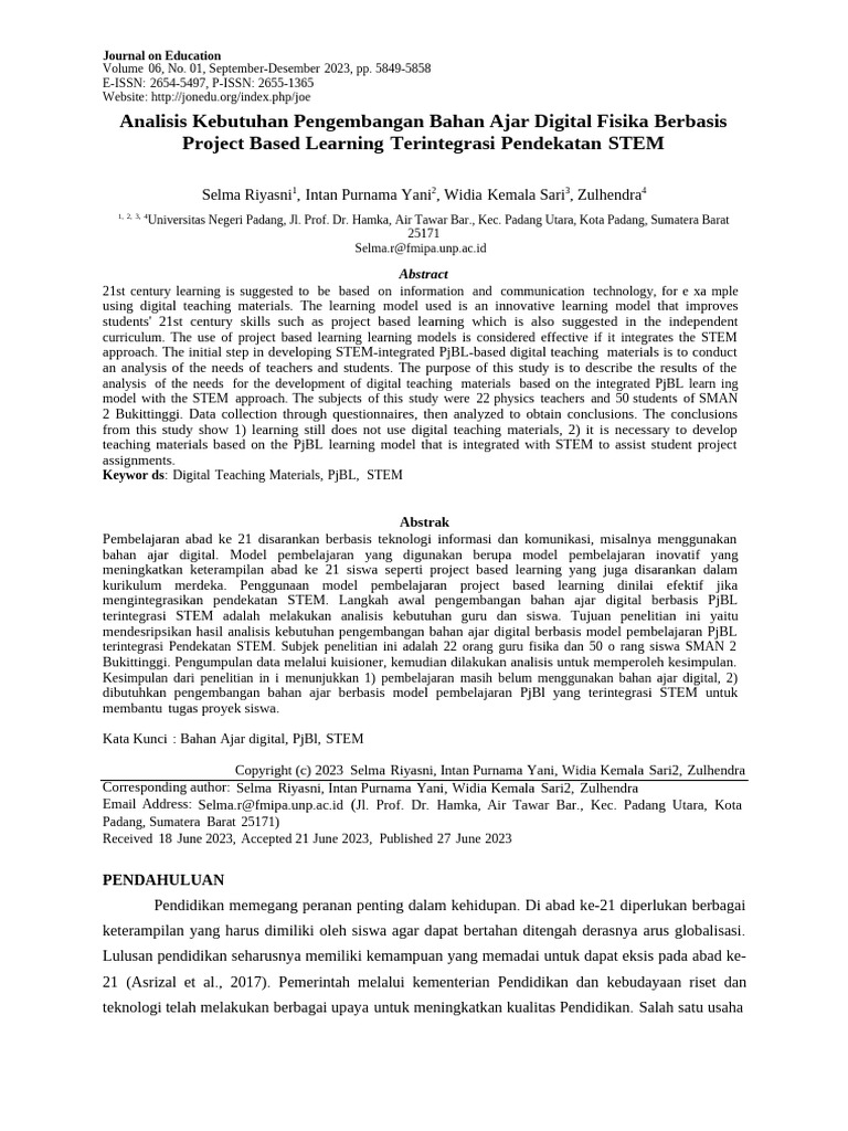 Analisis Kebutuhan Pengembangan Bahan Ajar Digital Fisika Berbasis Project Based Learning ...