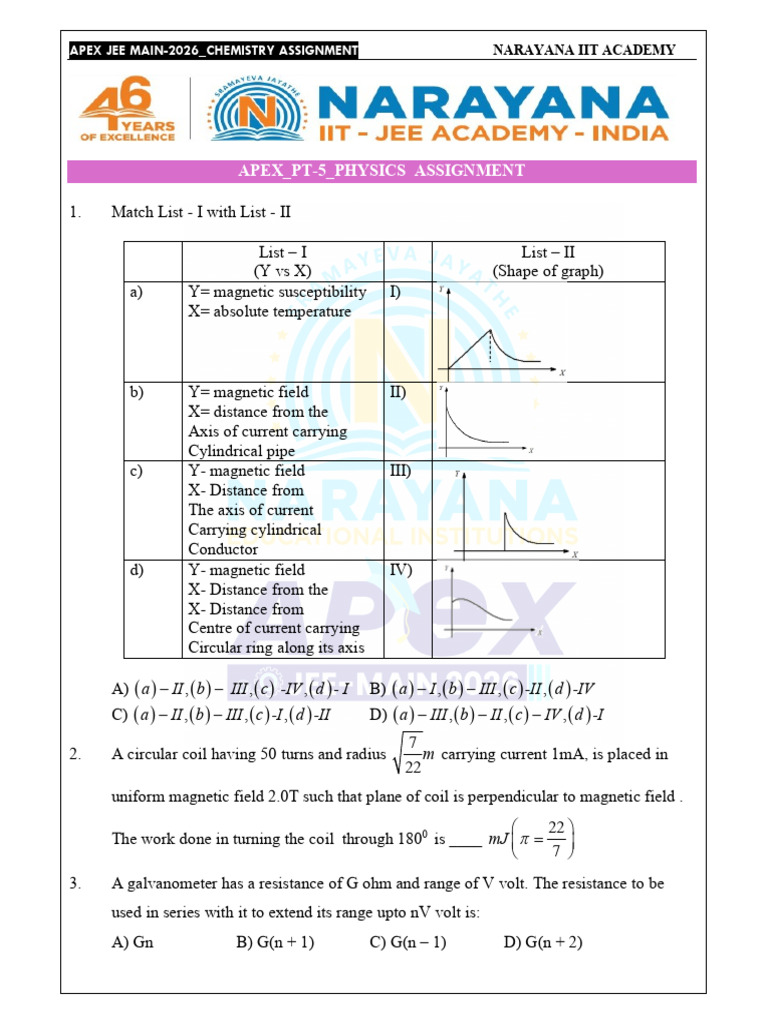 Apex Jeemain 2026 Physics Pt-5 Assignment | PDF | Magnetic Field ...