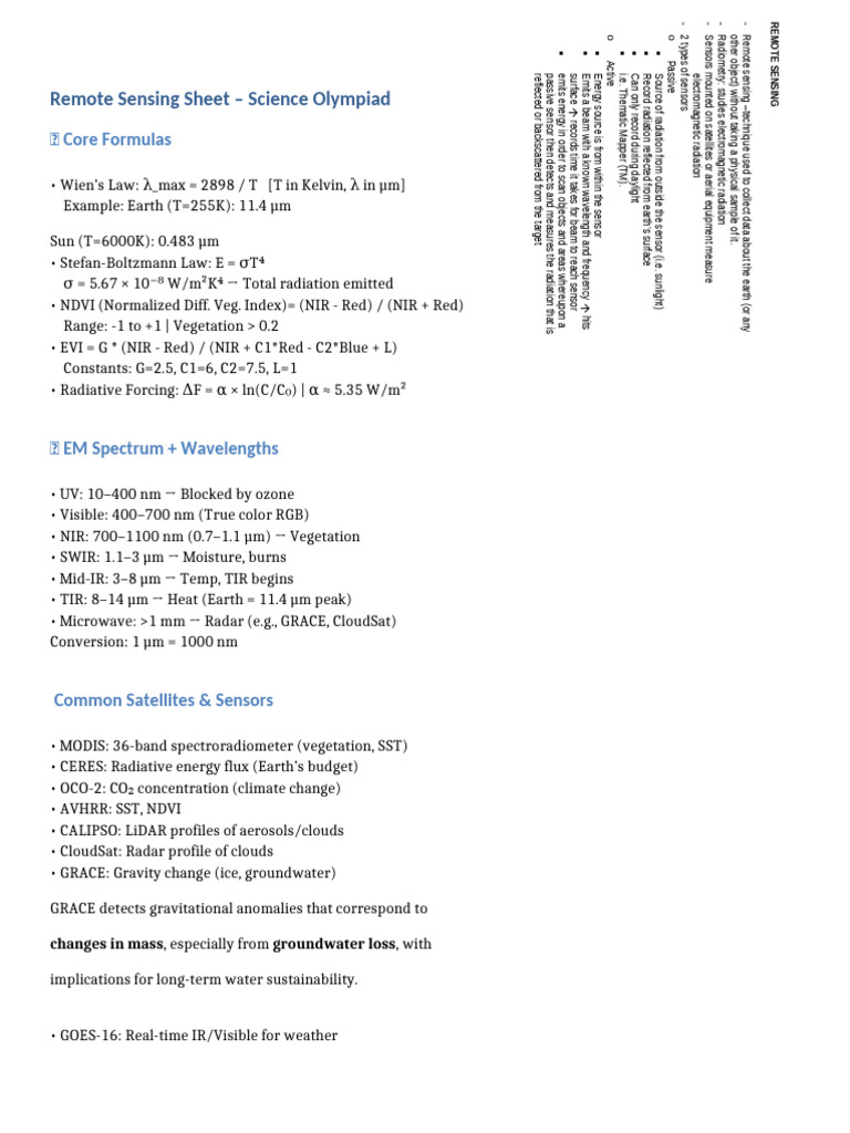 Remote Sensing Cheat Sheet for Olympiad | PDF | Infrared | Greenhouse Gas